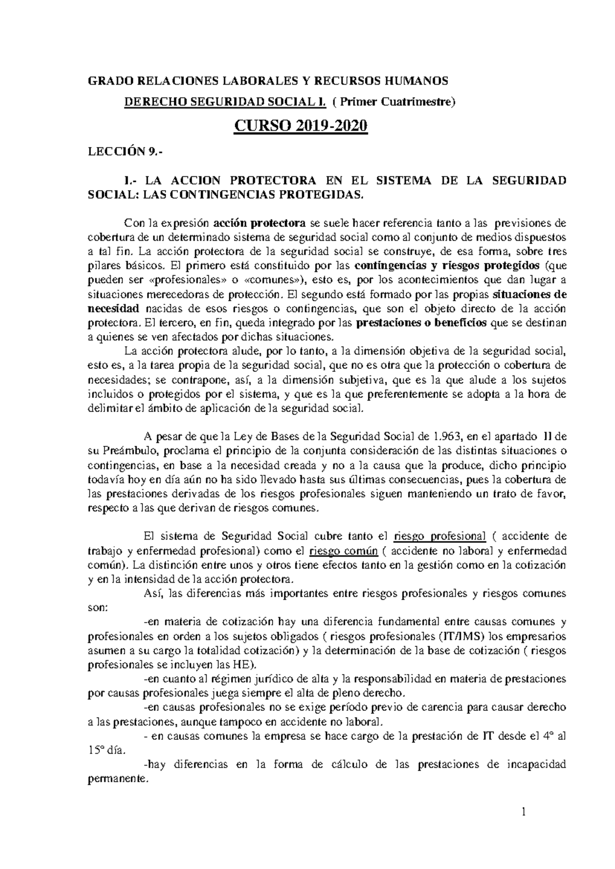 Tema 9. La acción protectora. contingencias protegidas - GRADO ...