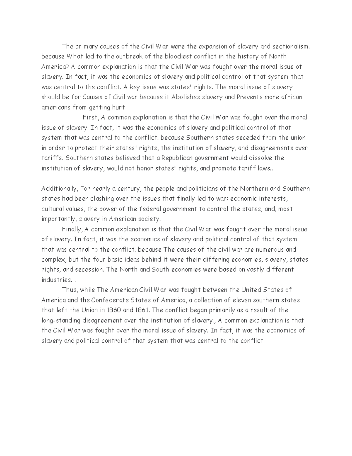 Causes of Civil war DBQ - The primary causes of the Civil War were the ...