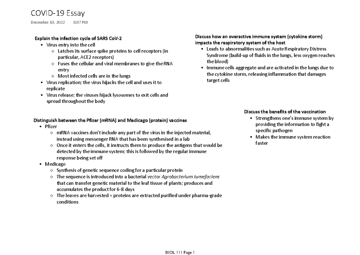 Covid-19 Essay - Explain the infection cycle of SARS CoV- Virus entry ...