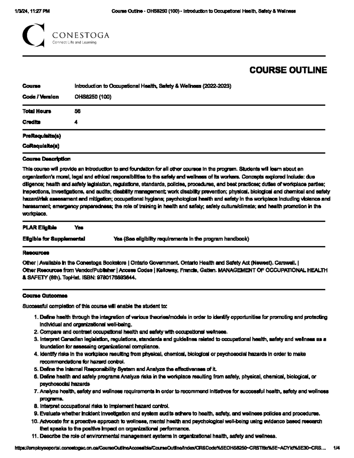 Course Outline - OHS8250 (100) - Introduction to Occupational Health ...