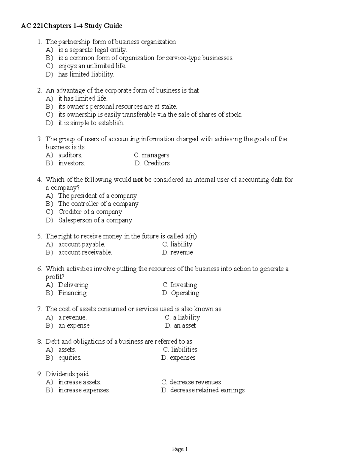 ACCT 221 Study quide Chapters 1 -4 - AC 221Chapters 1-4 Study Guide 1 ...