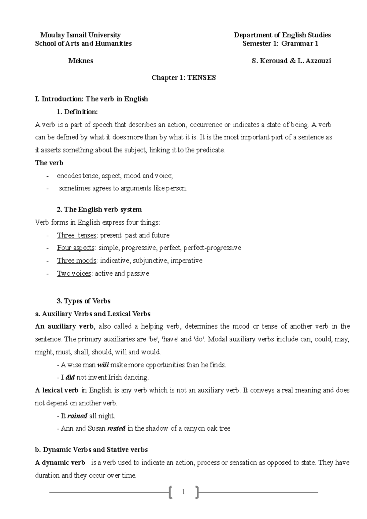 Week 1. Tenses 1 - Chapter 1: TENSES - Moulay Ismail University ...