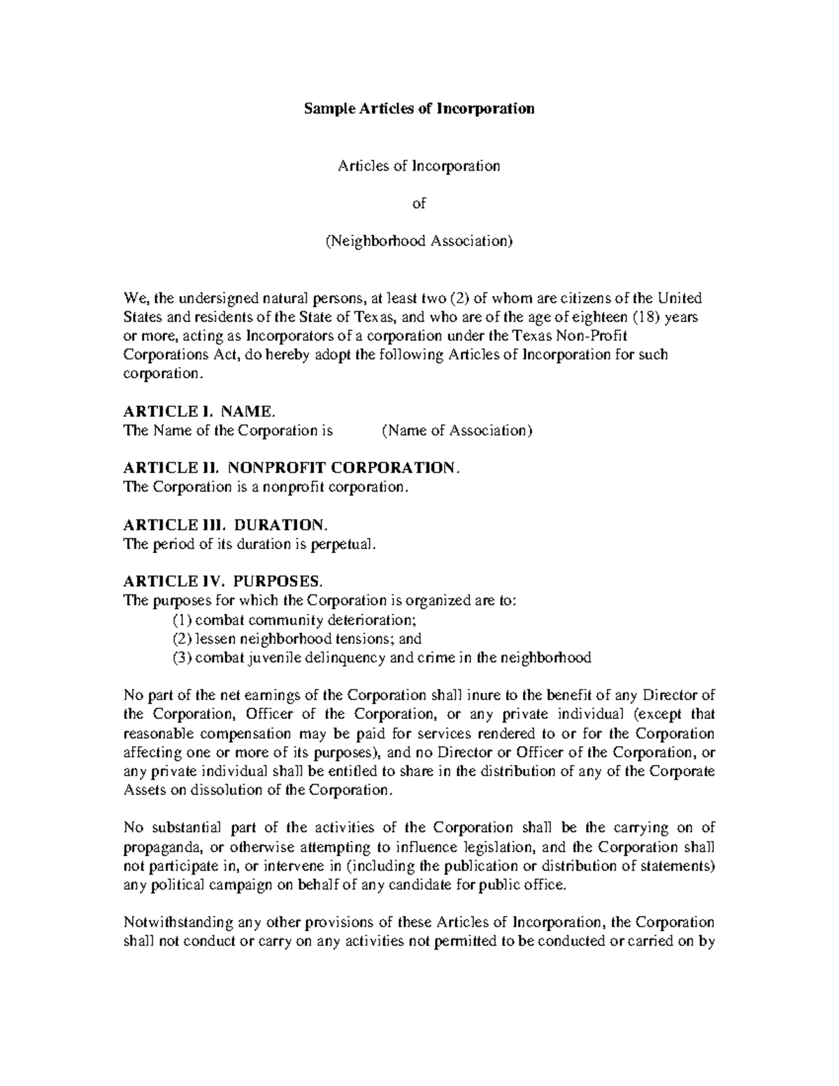 Sample Articles of Incorporation - Sample Articles of Incorporation ...