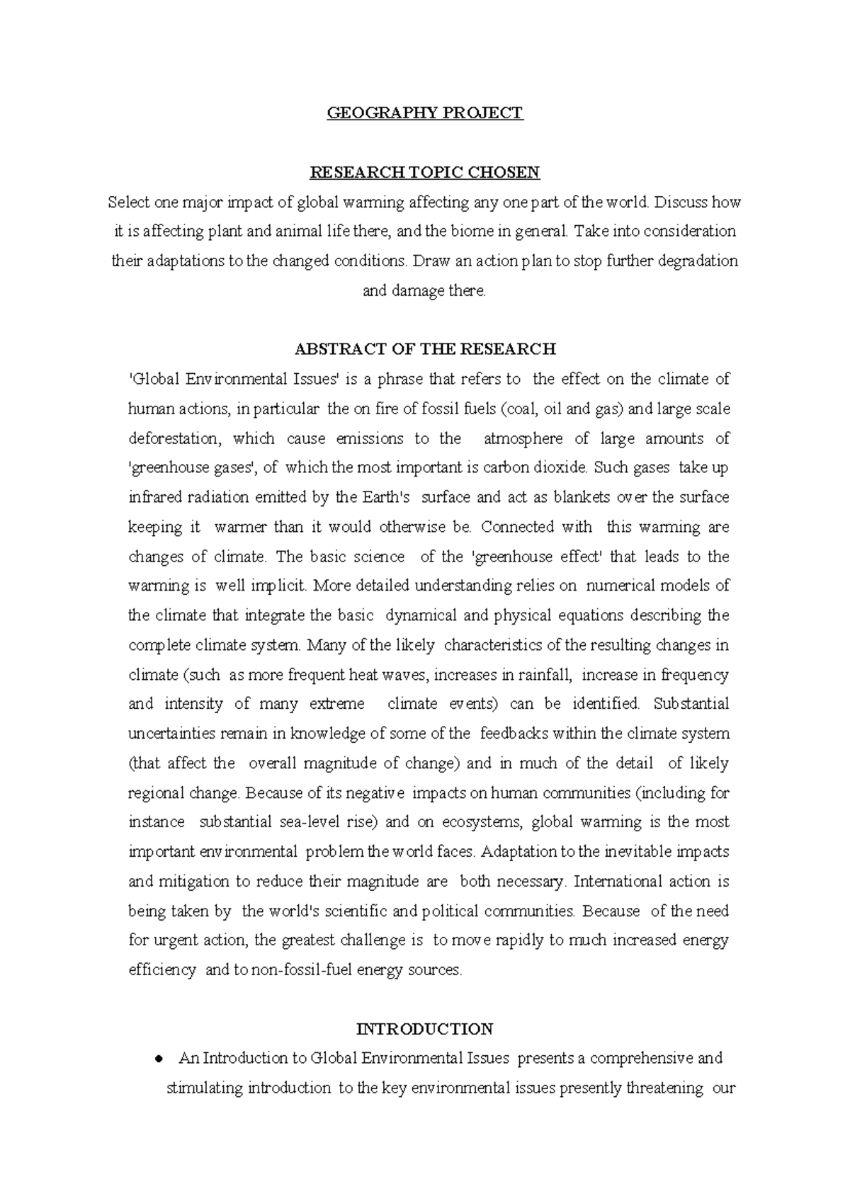 Geography Project - GEOGRAPHY PROJECT RESEARCH TOPIC CHOSEN Select one ...