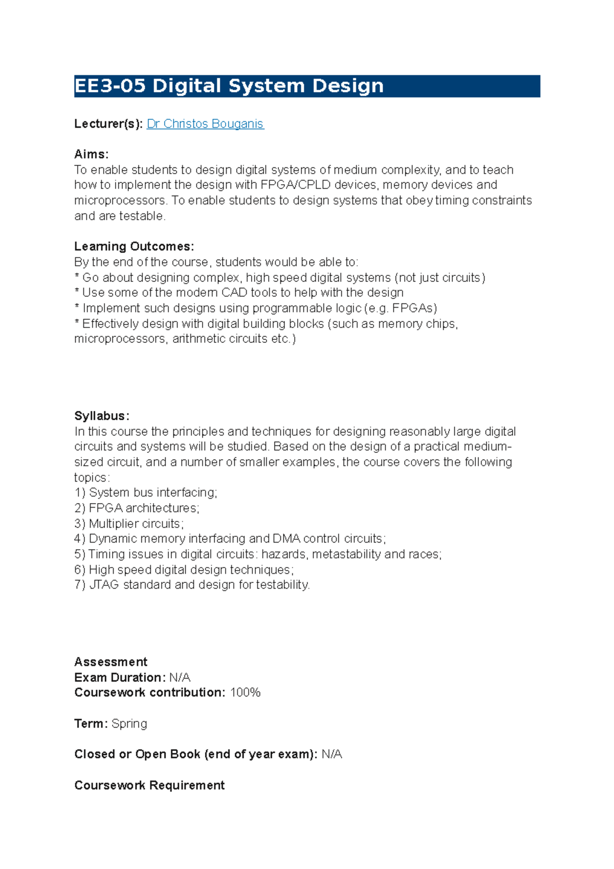 Digital System Design - Summary - Digital System Design Lecturer(s): Dr ...