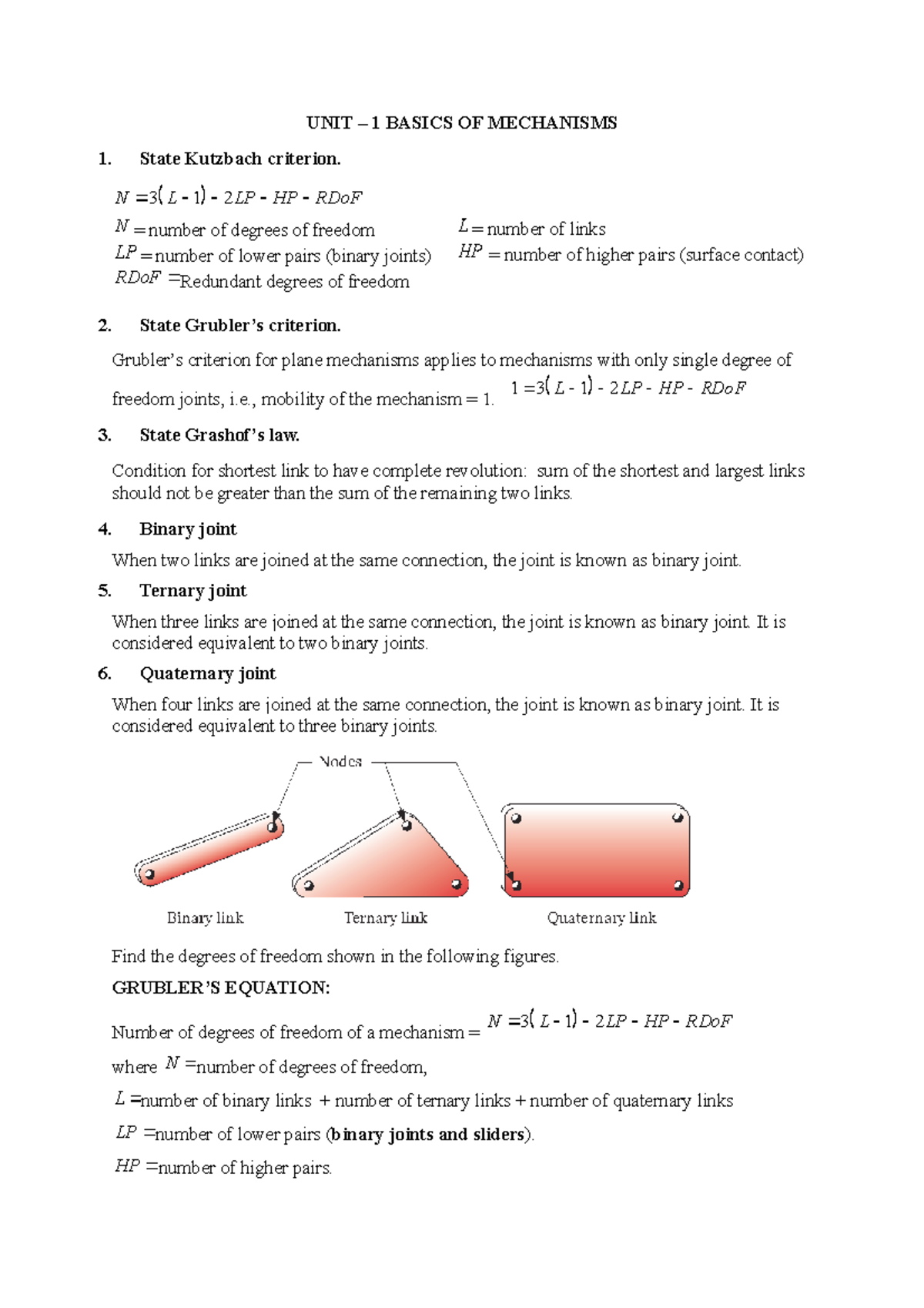 4 Do F problems - UNIT – 1 BASICS OF MECHANISMS 1. State Kutzbach ...