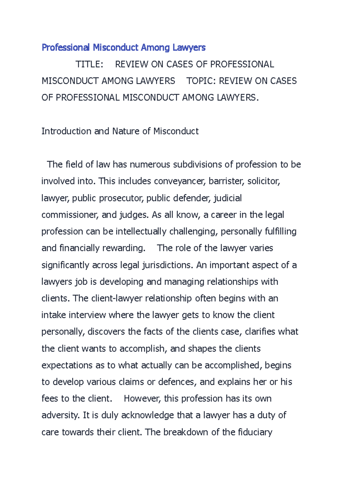 Professional Misconduct Among Lawyers - Introduction and Nature of ...
