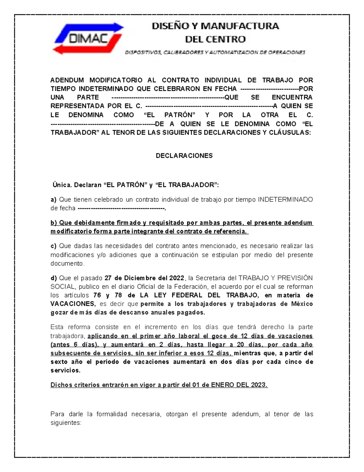 Formato adendum vacaciones - ADENDUM MODIFICATORIO AL CONTRATO ...