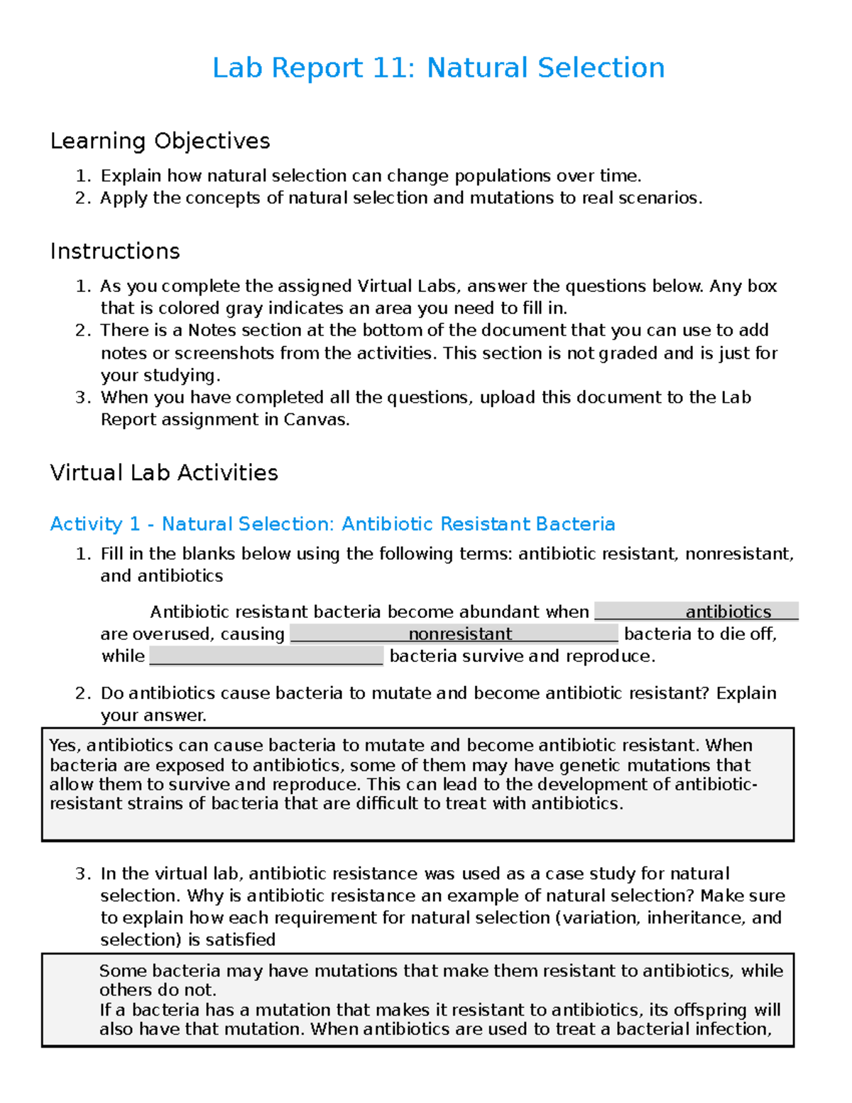 Lab Report 11 - Natural Selection - Learning Objectives 1. Explain how ...