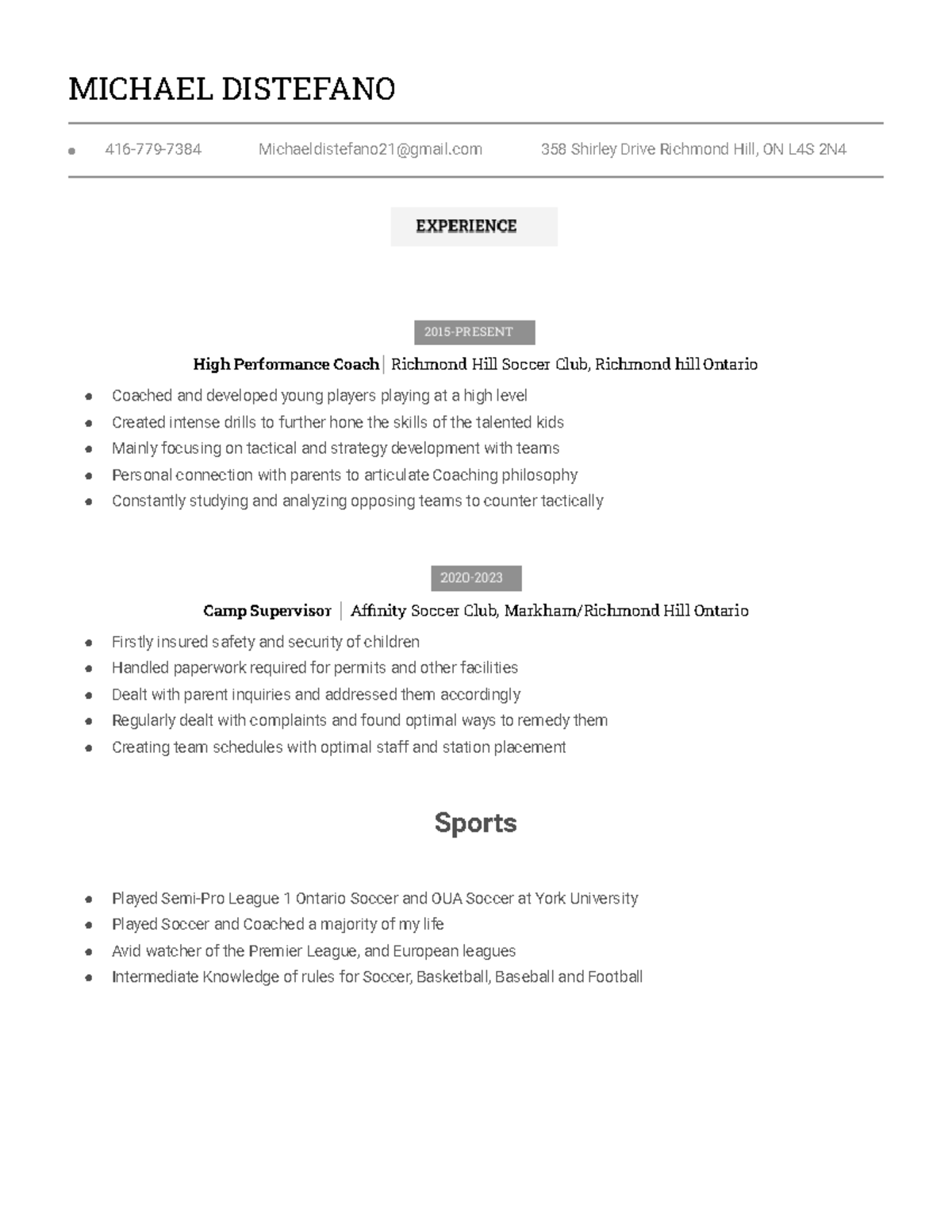 Michael Distef Resume - MICHAEL DISTEFANO 416-779-7384 ...