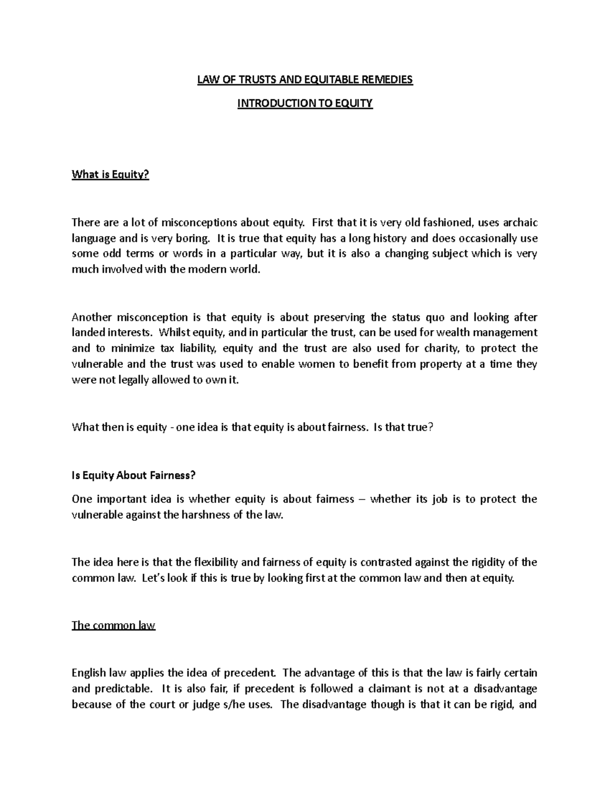 Introduction to Equity - LAW OF TRUSTS AND EQUITABLE REMEDIES ...