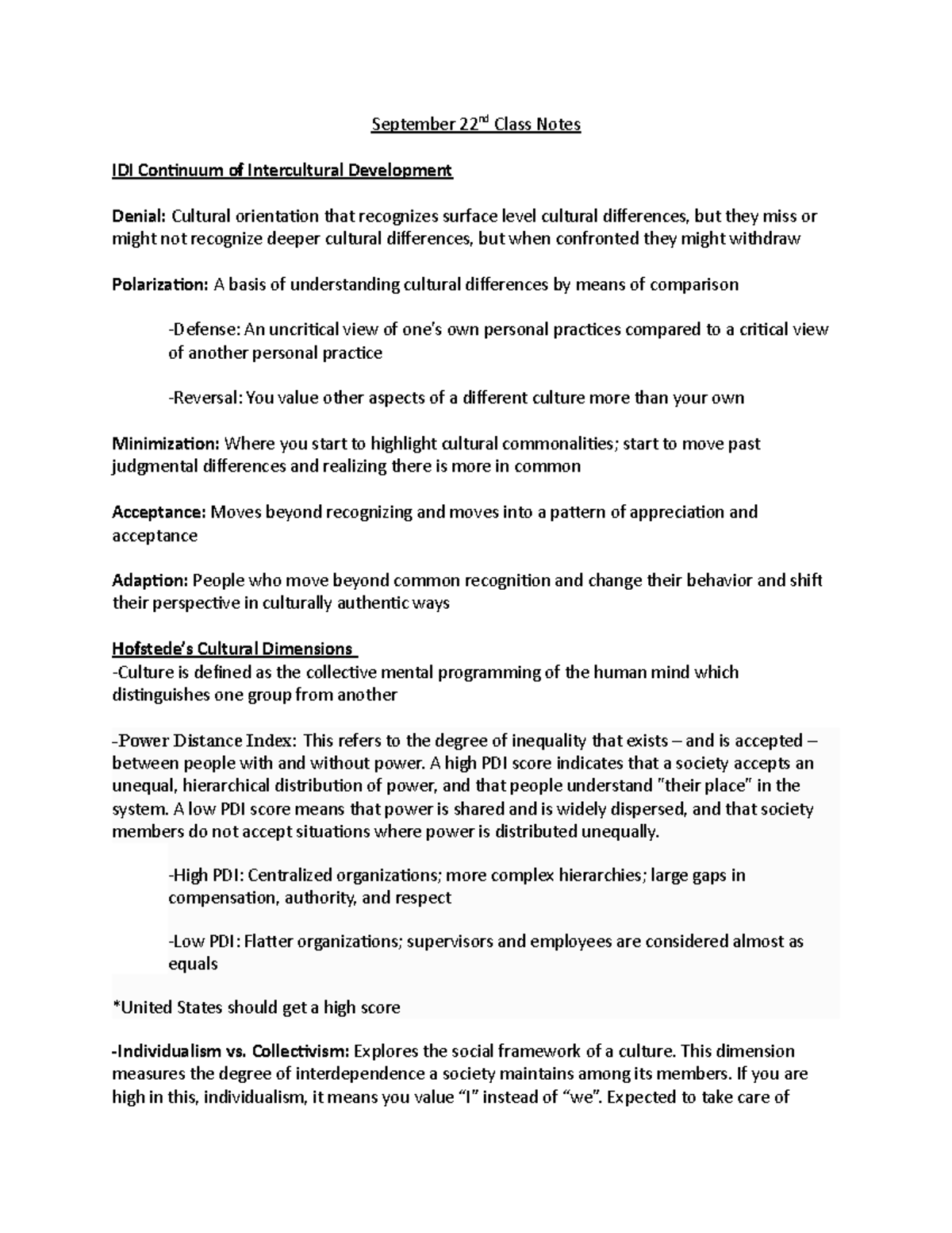 IDI Continuum of Intercultural Development Notes - September 22 nd ...