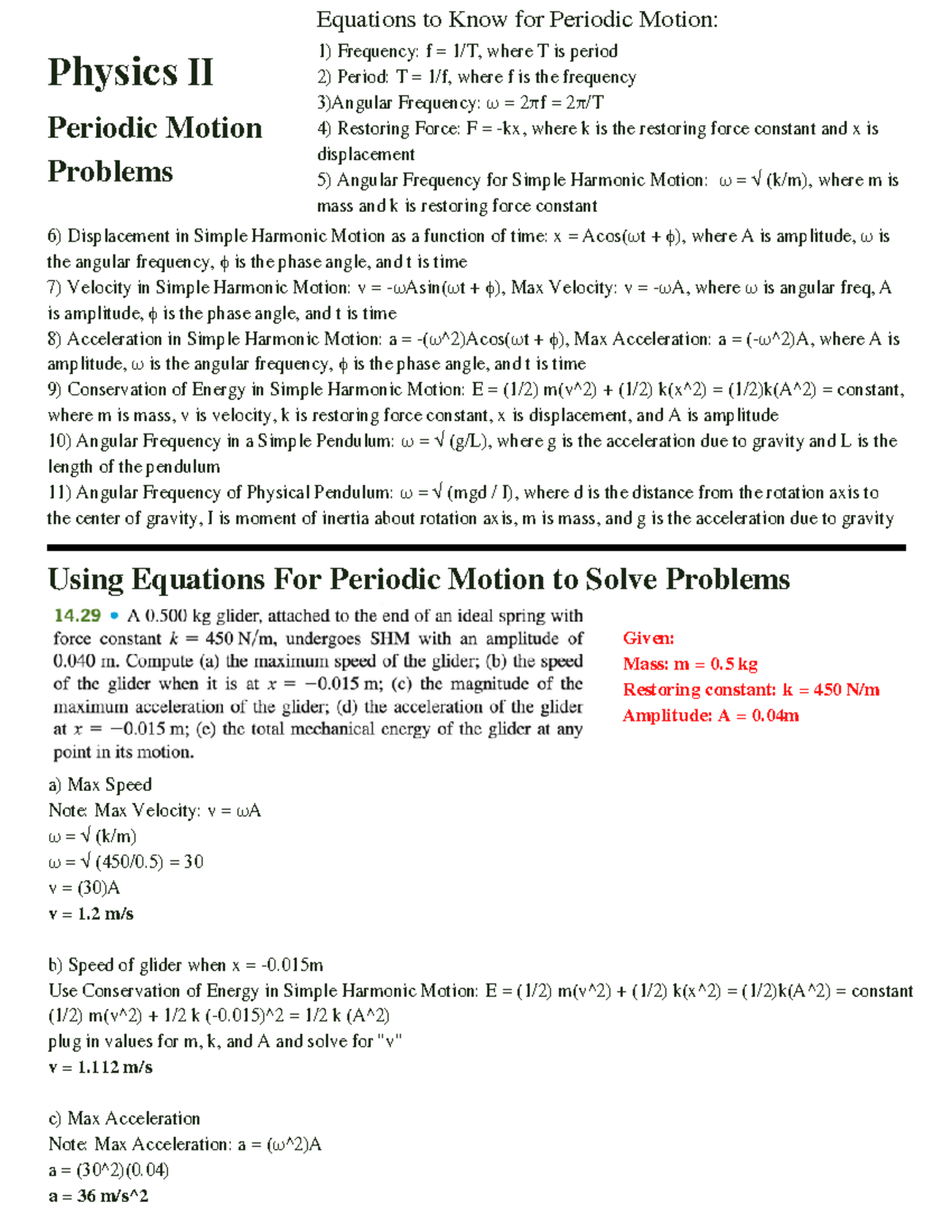 Stu Docu - More Periodic Motion Problems - Physics II Periodic Motion ...