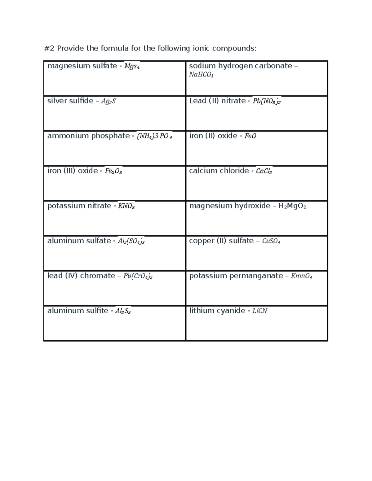 CGCC-Nomenclature Forumla Mix - #2 Provide the formula for the ...