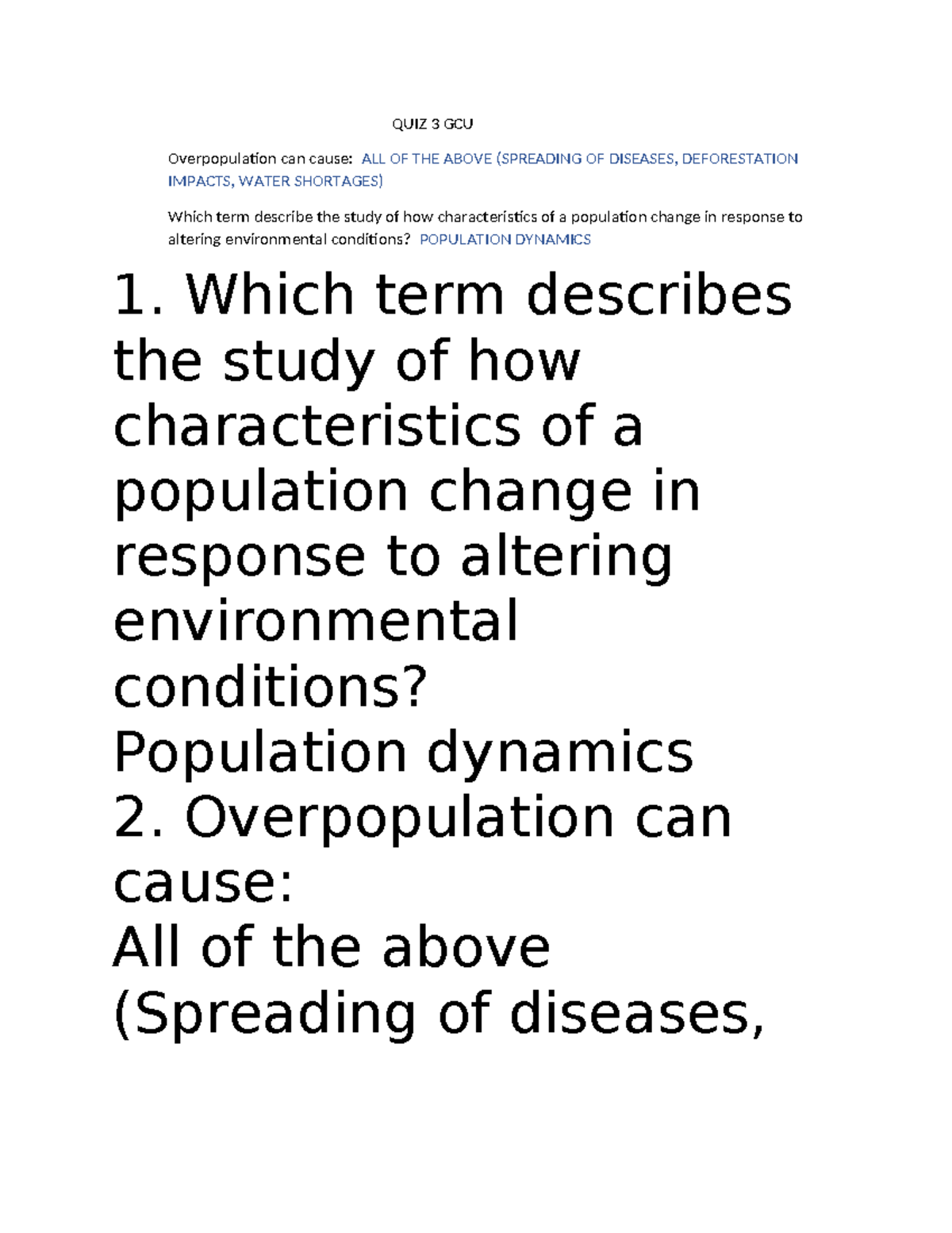 QUIZ 3 GCU - QUIZ 3 GCU Overpopulation can cause: ALL OF THE ABOVE ...