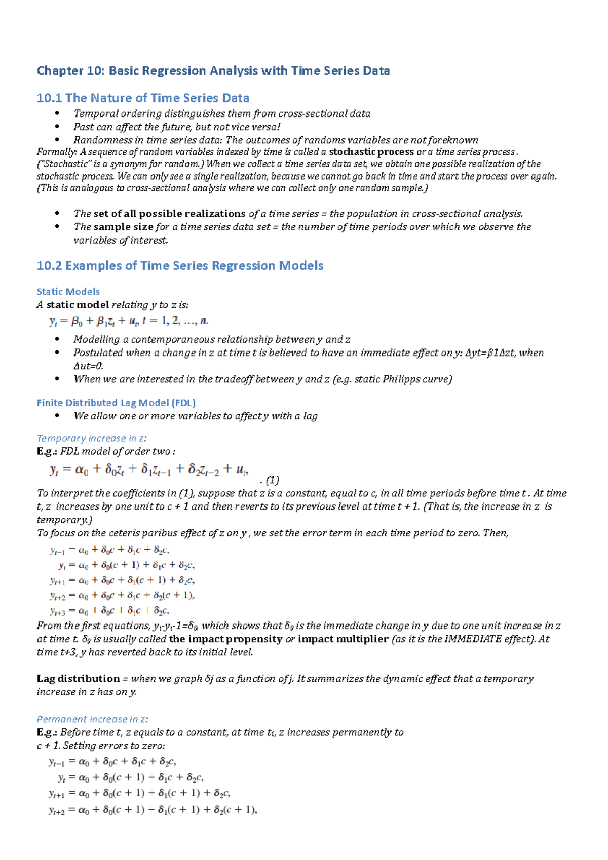 Wooldridge - Chapter 10 notes - Chapter 10: Basic Regression Analysis ...