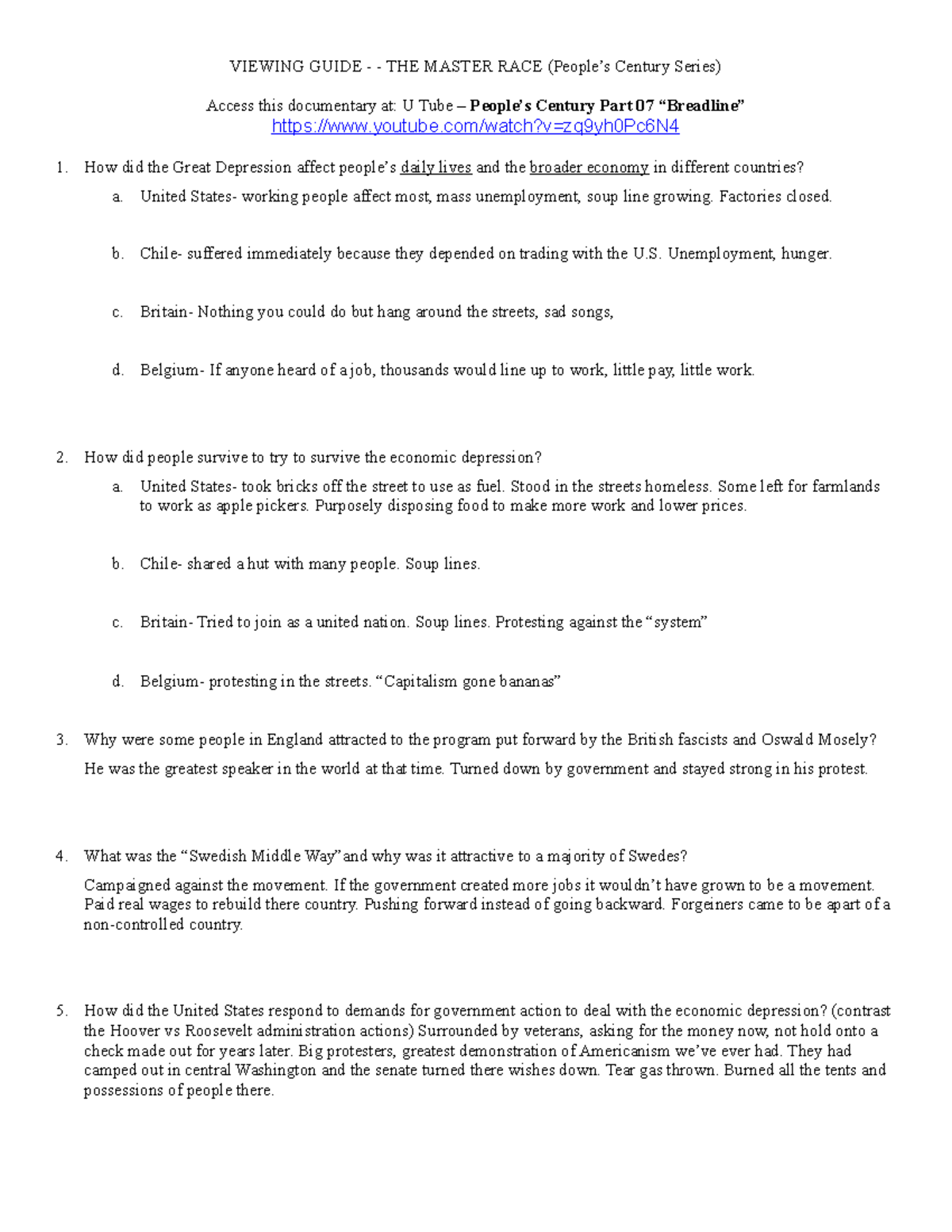 Historical perspectives video 3 - VIEWING GUIDE - THE MASTER RACE ...