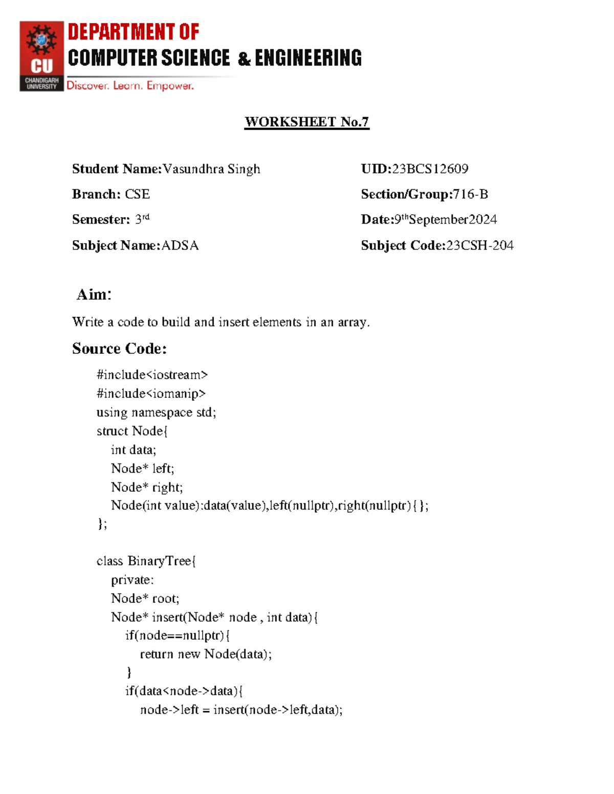 ADSA Worksheet 7 - Adsa w7 - COMPUTER SCIENCE & ENGINEERING WORKSHEET No. 7 Student - Studocu