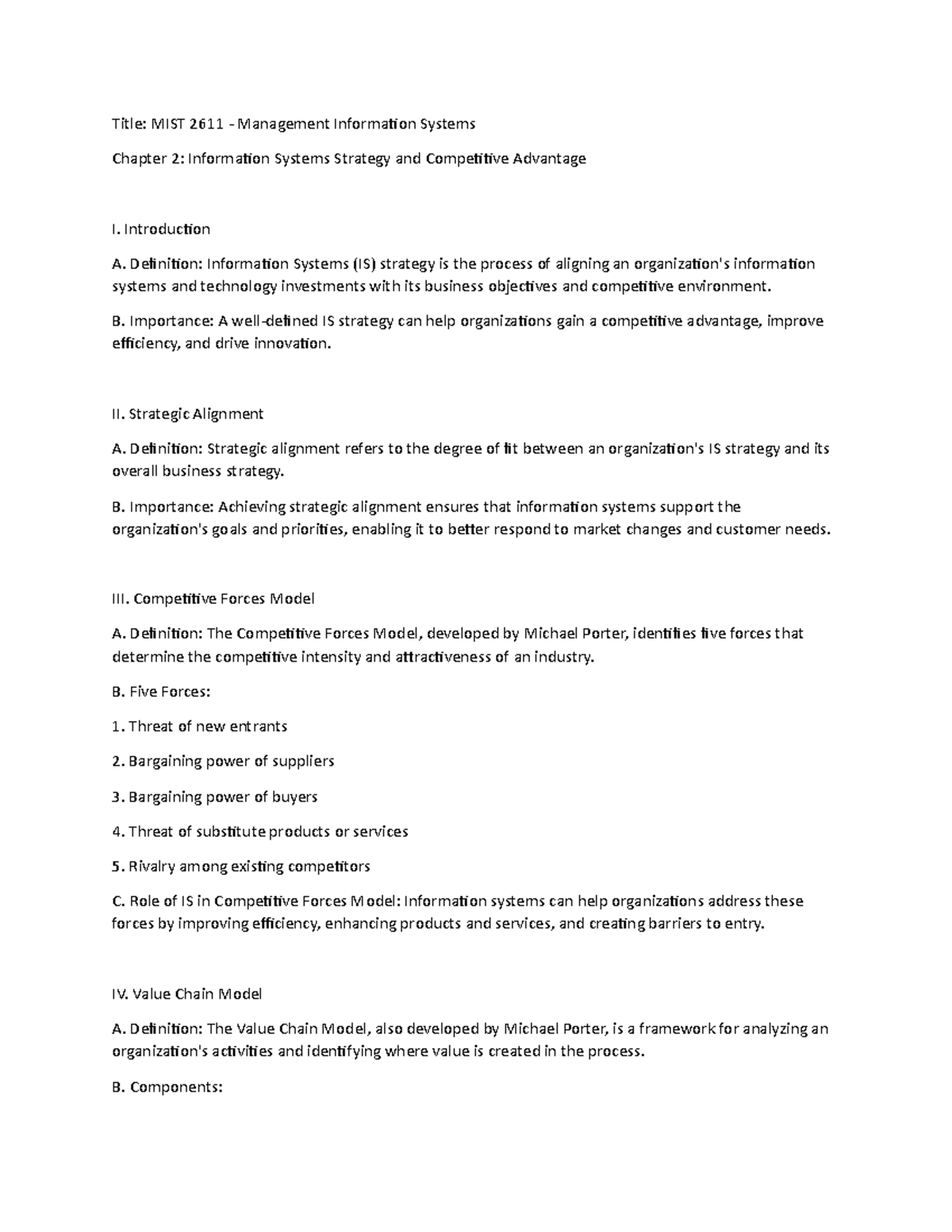 MIST 2611 ch 2 noted - Title: MIST 2611 - Management Information ...