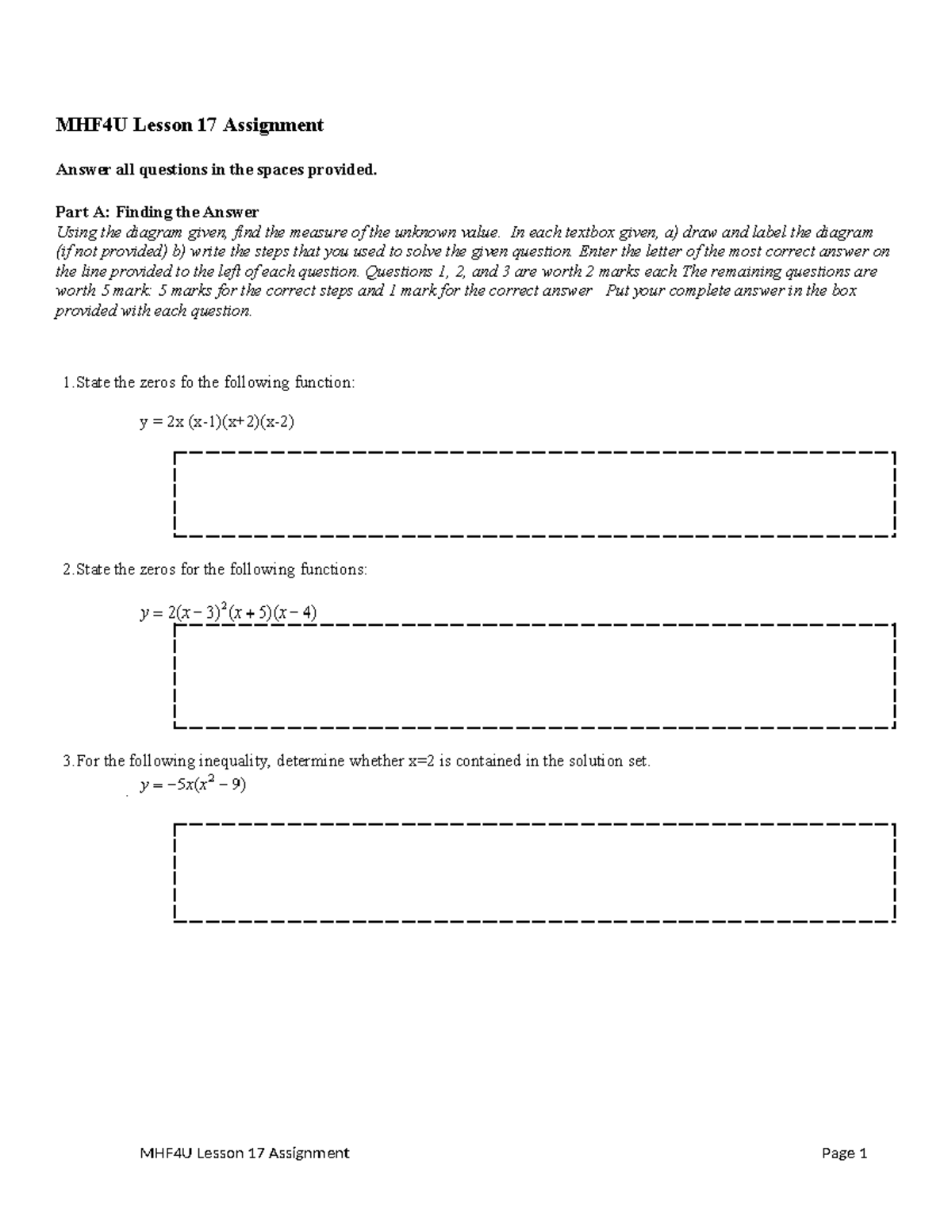 MHF4U Lesson 17 Assignment (docx) - MHF4U Lesson 17 Assignment Answer ...