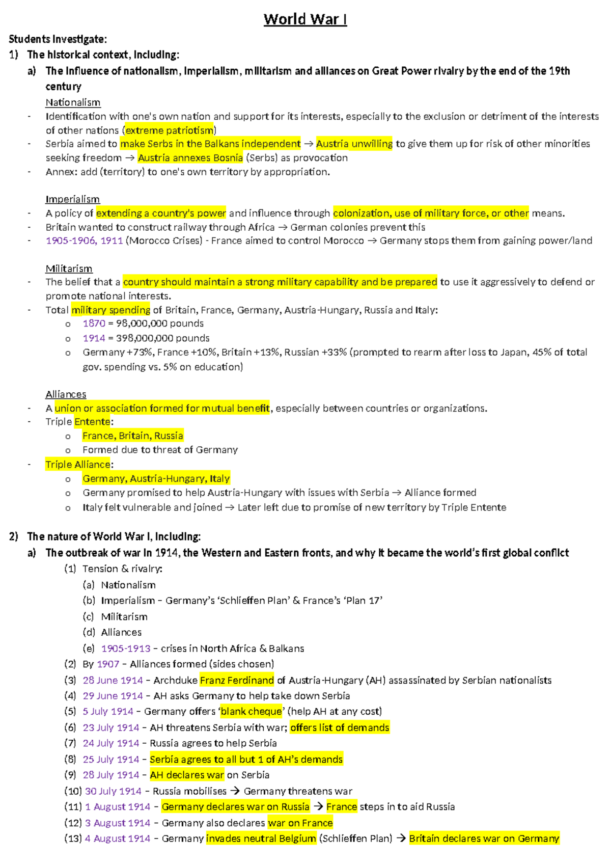 Modern History World War I Notes - World War I Students investigate ...
