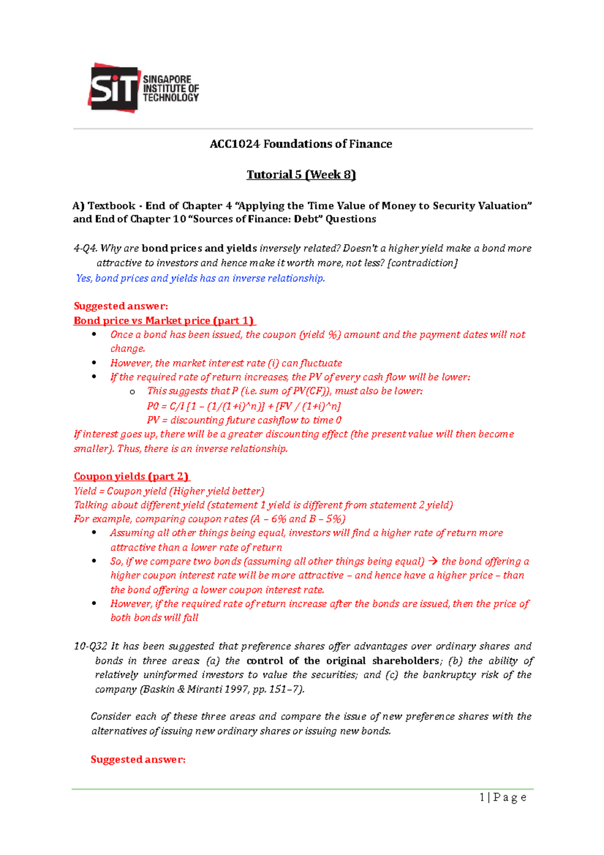 Tutorial 5 (Week 8) Answers - ACC1024 Foundations of Finance Tutorial 5 ...