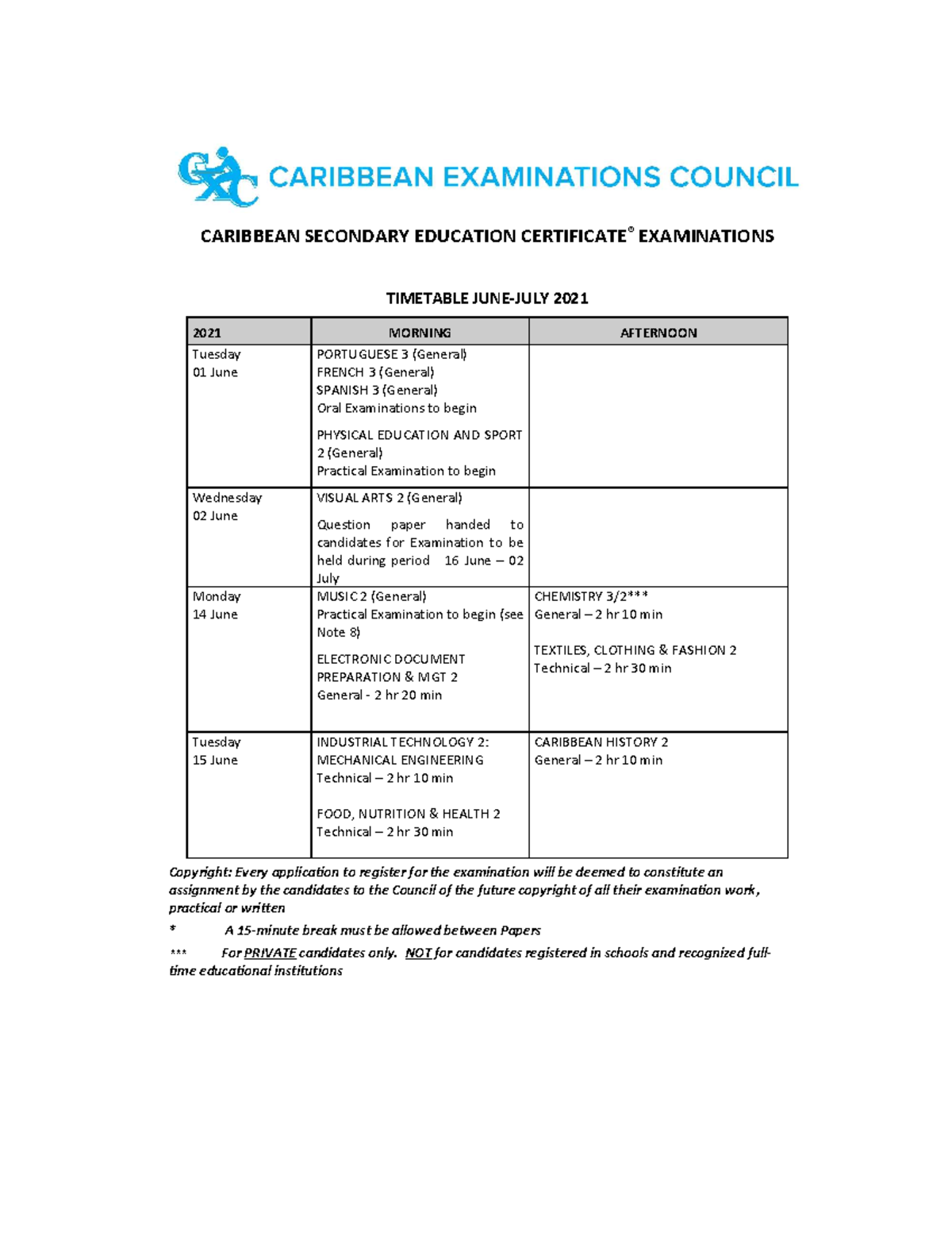 Final CSEC Timetable June July 2021 1 - CARIBBEAN SECONDARY EDUCATION ...