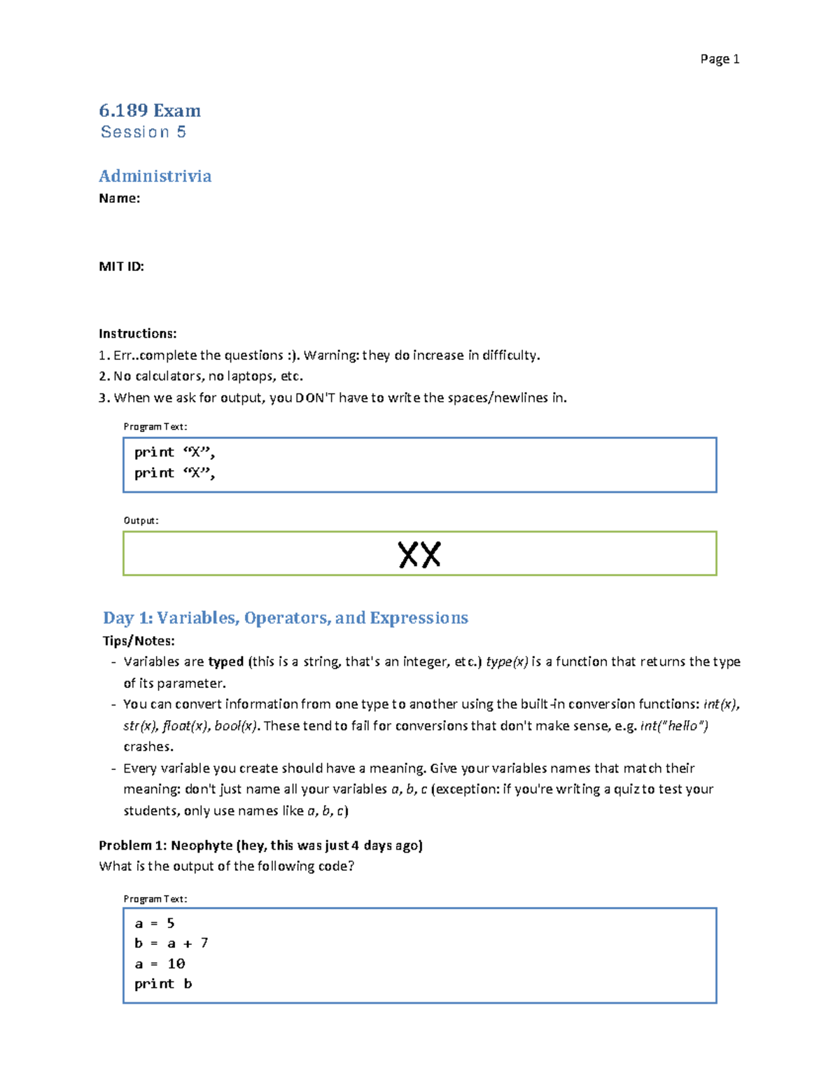 Variables Types Operators Functions Conditionals And Loops 6 Exam Administrivia Name Mit
