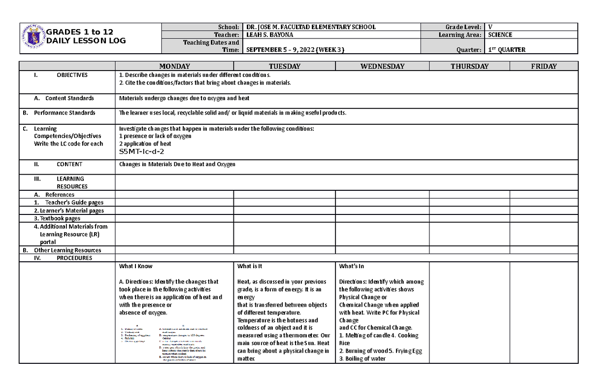 DLL Science 5 Q1 W3 - FOR REFERENCE - GRADES 1 to 12 DAILY LESSON LOG ...