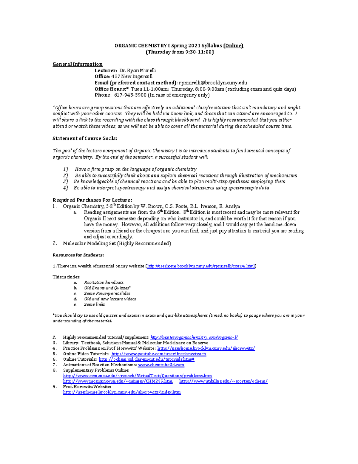 Organic Chemistry I Spring 2021 Syllabus Online 2-1 - ORGANIC CHEMISTRY ...