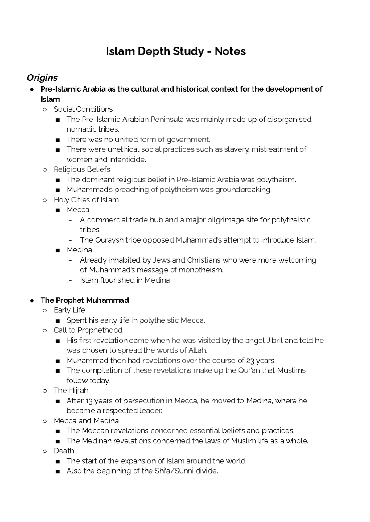 Islam Notes Prelim - Islam Depth Study - Notes Origins Pre-Islamic ...