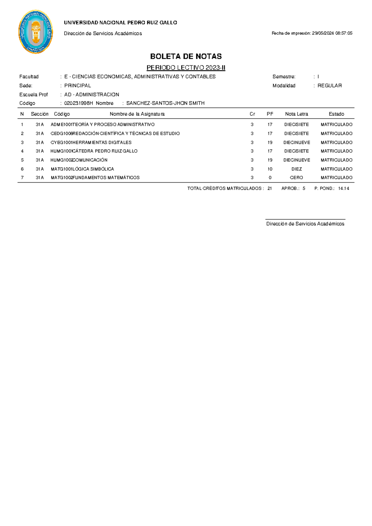 Notas john - paratica desarrollo personal - UNIVERSIDAD NACIONAL PEDRO ...