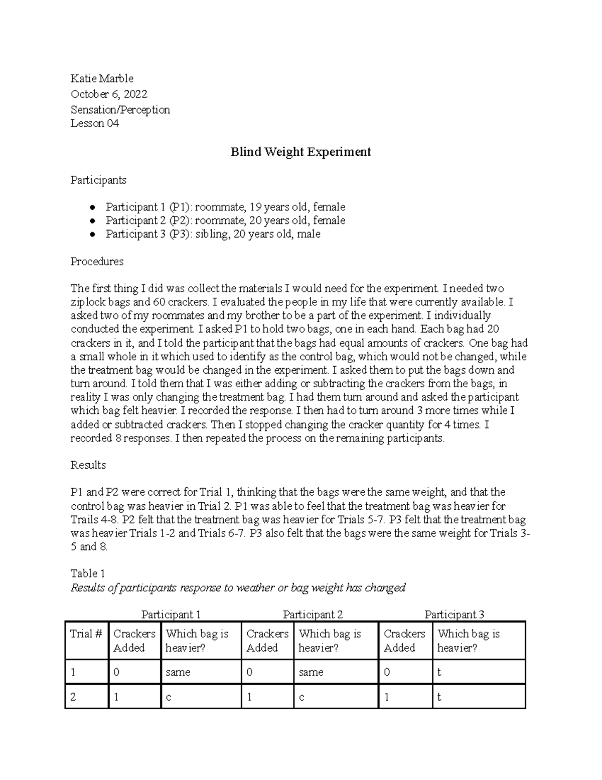 Blind weight experiment - Katie Marble October 6, 2022 Sensation ...