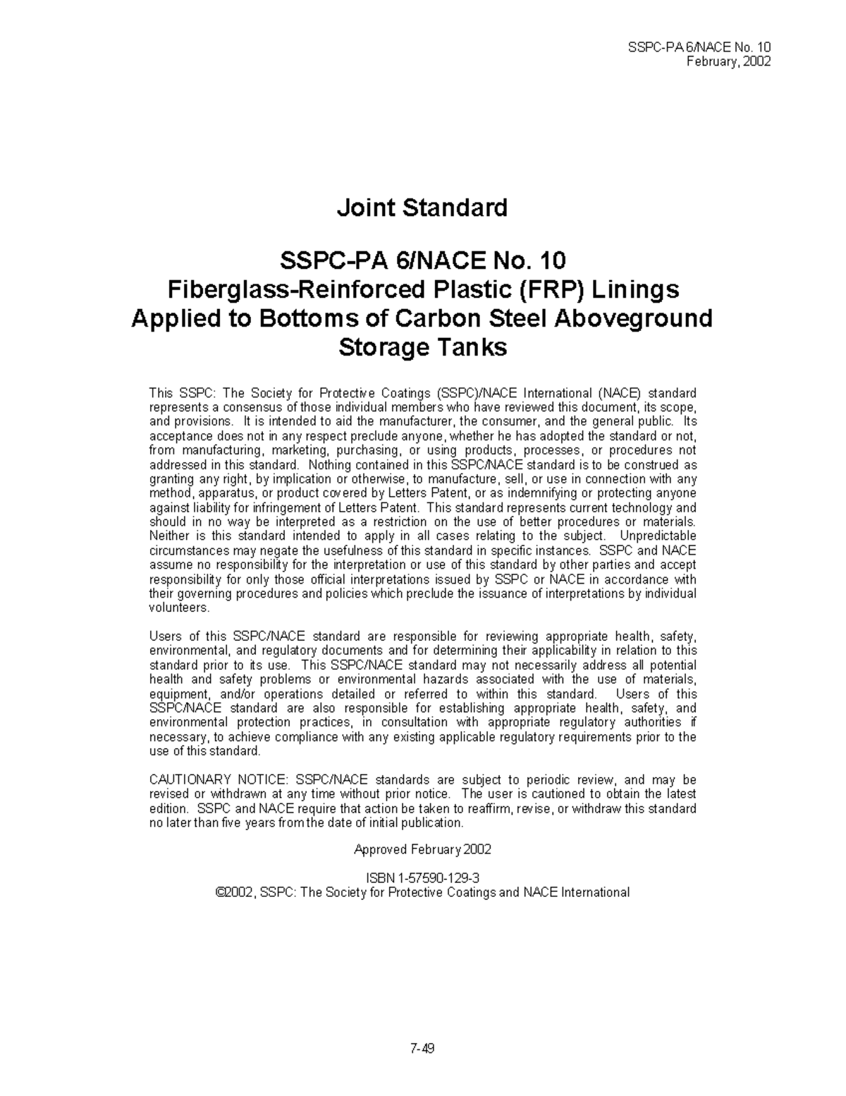 Sspcpa 6 nace no 102000 fiberglassreinforced plastic frp lin - February ...