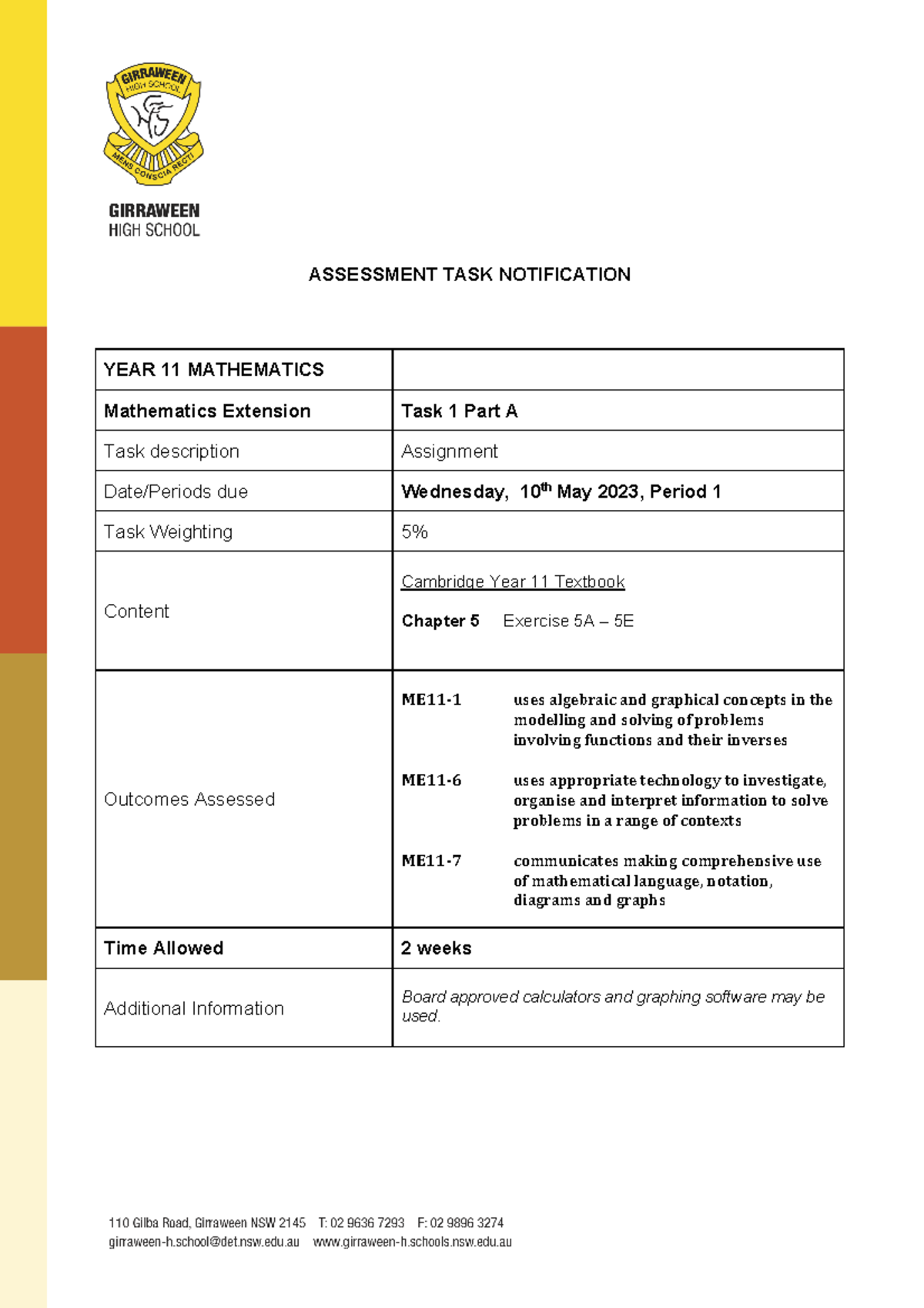 Task 1 3U Notification - ASSESSMENT TASK NOTIFICATION YEAR 11 ...
