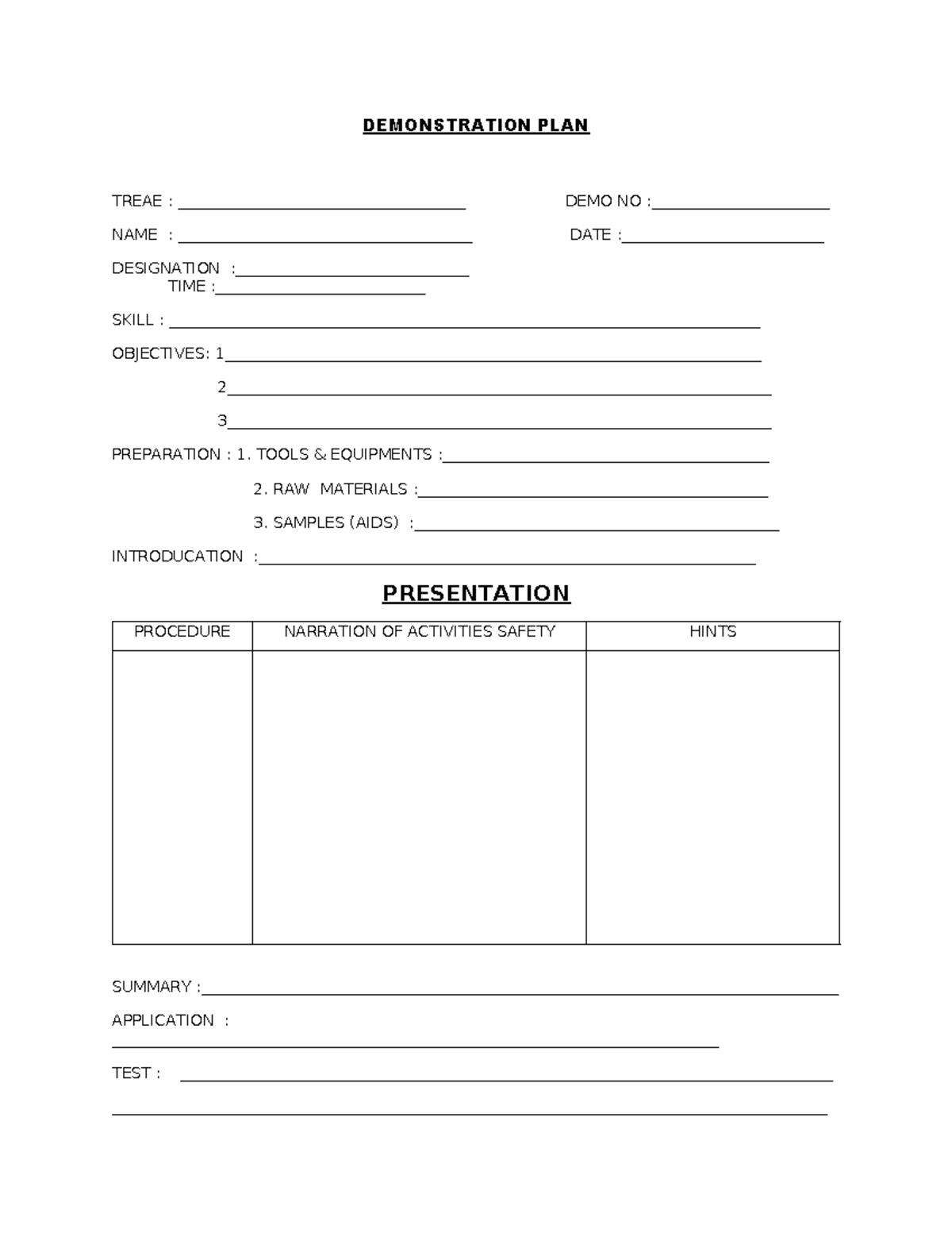 Demonstration PLAN - practical - DEMONSTRATION PLAN TREAE