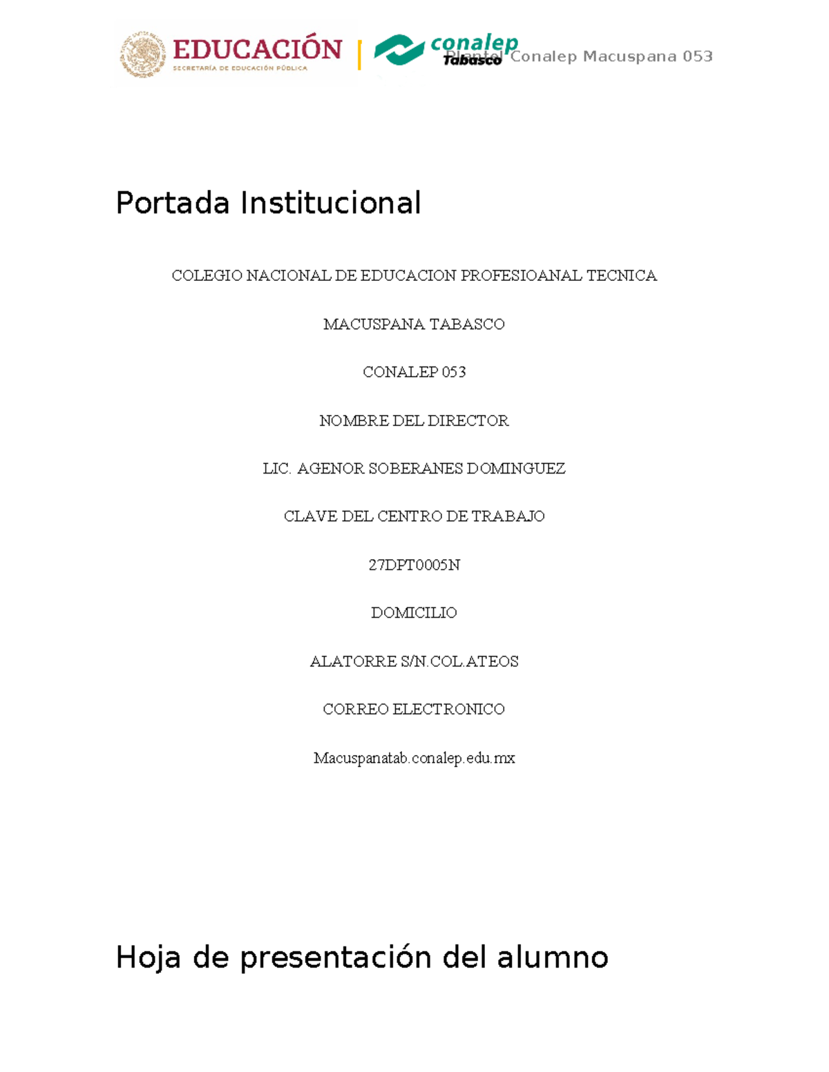 Carpeta de evidencia ivan - Plantel Conalep Macuspana 053 Portada ...