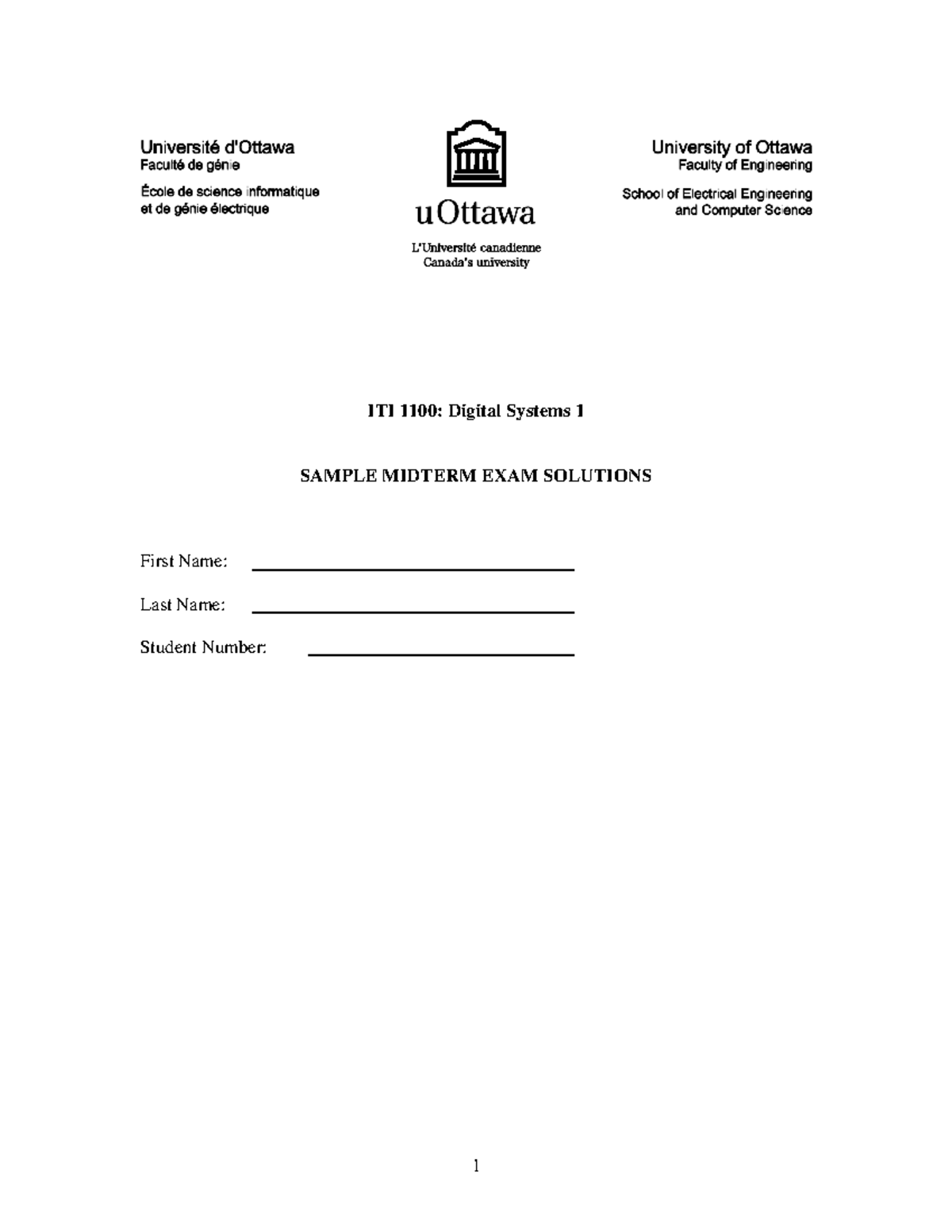 Sample Midterm Exam - PL00 - ITI 1100: Digital Systems 1 SAMPLE MIDTERM EXAM SOLUTIONS First ...