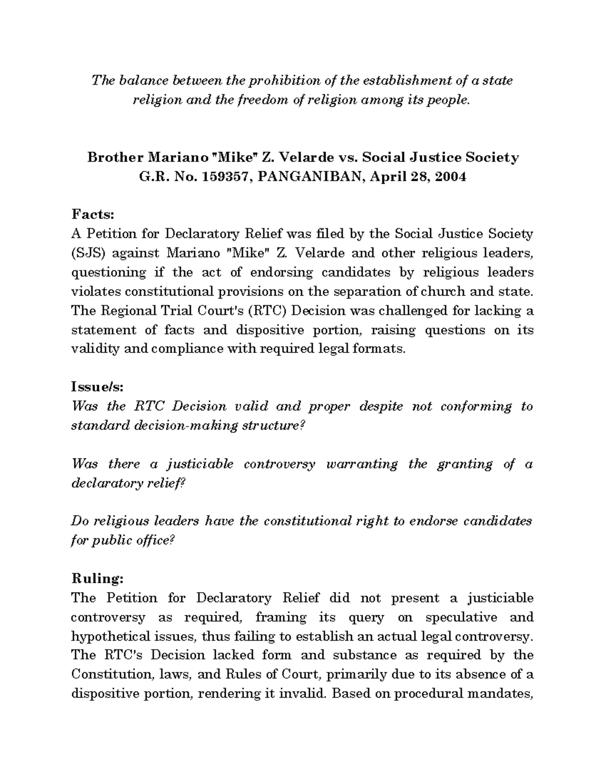 Brother Mike Velarde v. Social Justice Society 2004 - The balance ...