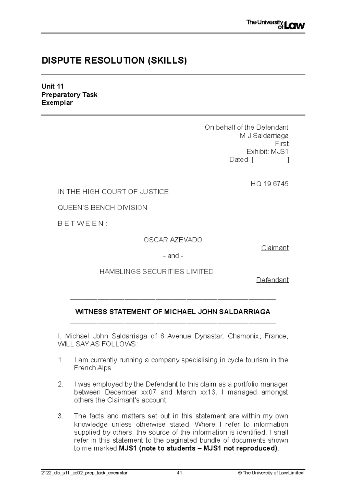 Witness statement exemplar - DISPUTE RESOLUTION (SKILLS) Unit 11 ...