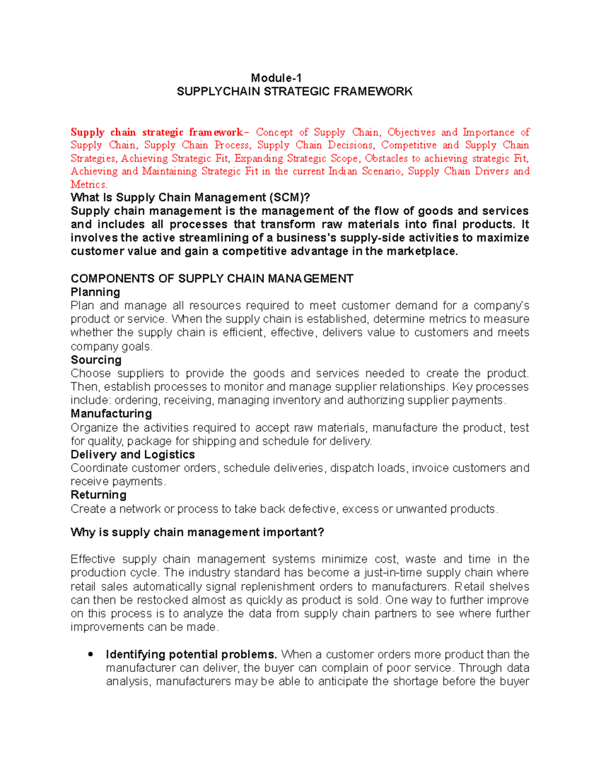 Mod 1 - Supply chain management - Module- SUPPLYCHAIN STRATEGIC ...