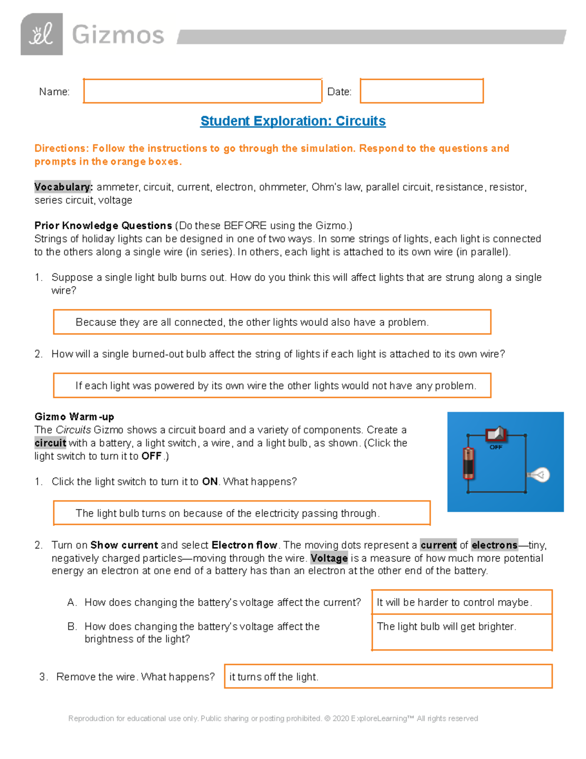 Circuits and Ohm's Law - Name: Date: Student Exploration: Circuits ...