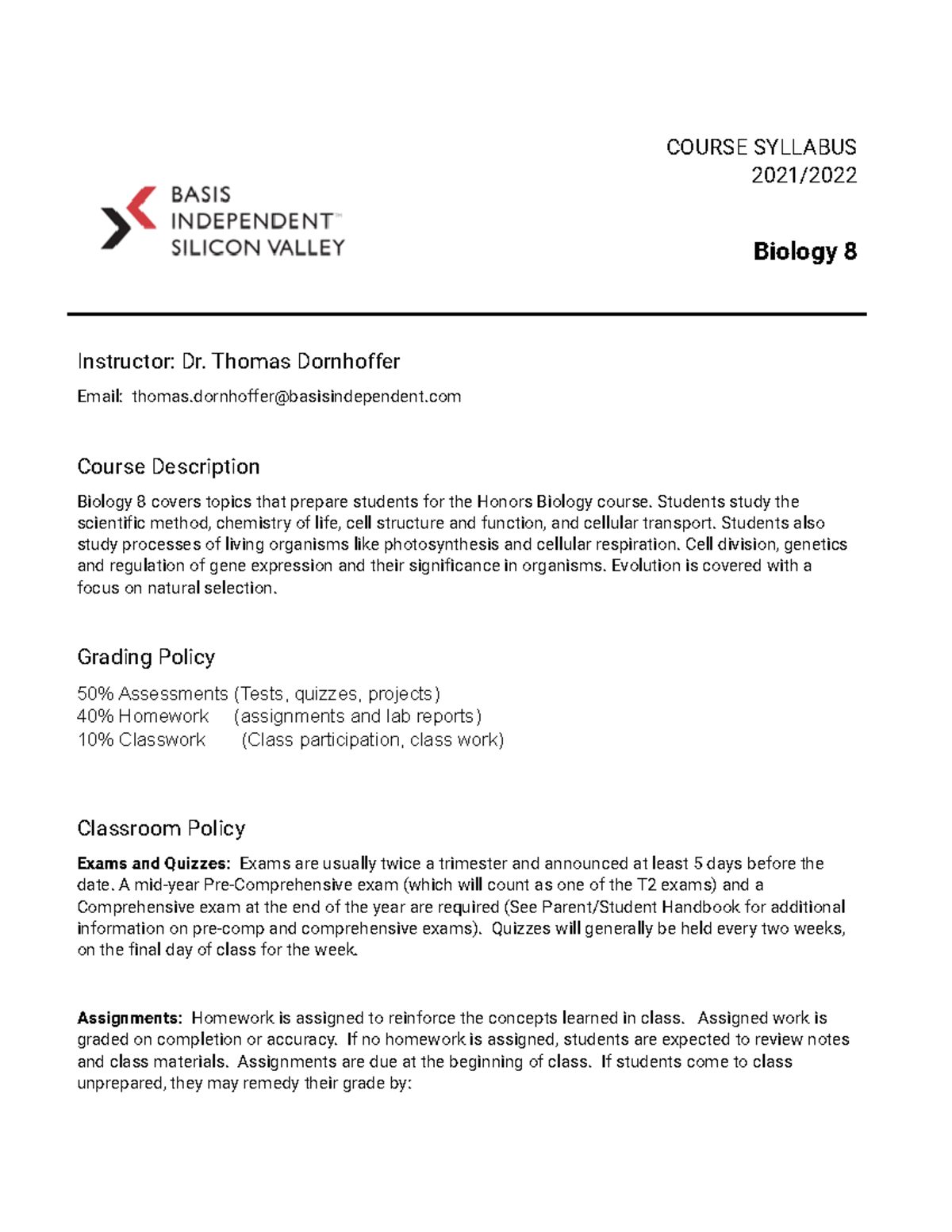 Biology - SV+Bio+8+Dornhoffer+Syllabus - COURSE SYLLABUS 2021/ Biology ...