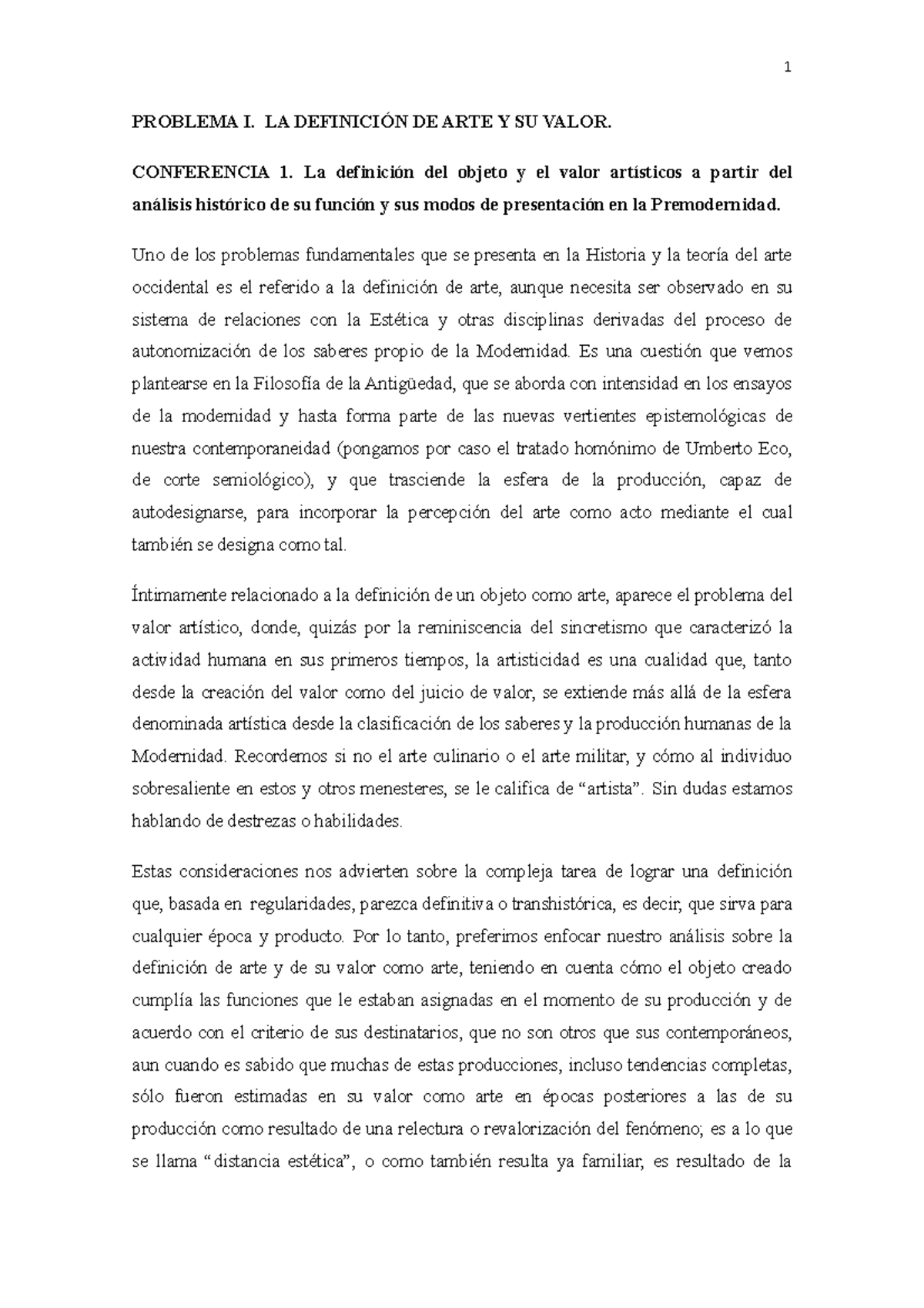 Definición DEL Objetoi Y Valor Artísticos - 1 PROBLEMA I. LA DEFINICIÓN ...