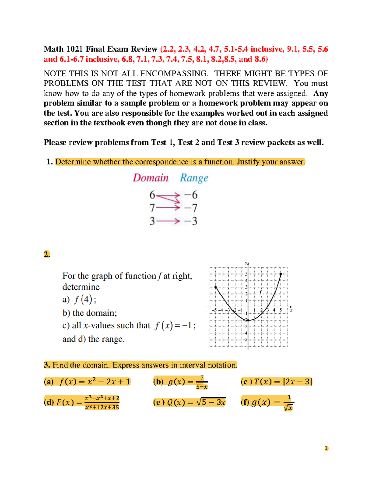 Math 1021 Final exam Review - for precalc - Math 1021 Final Exam Review ...