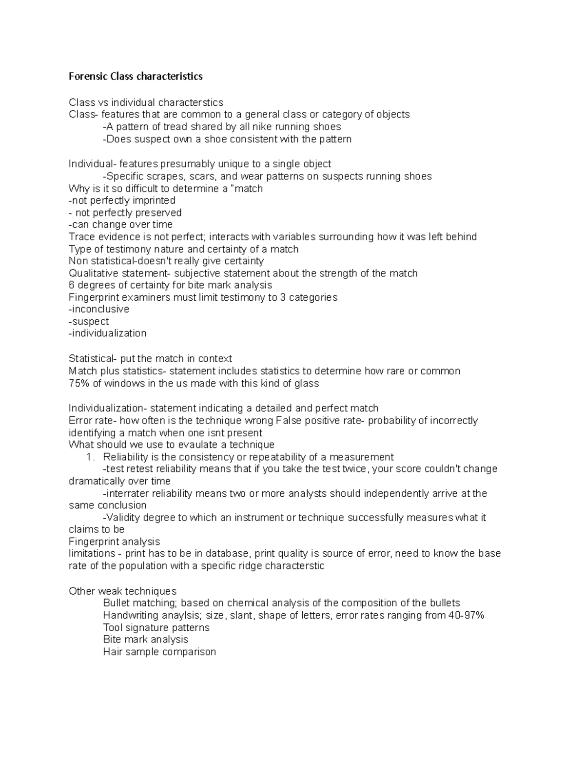 Forensic Class characteristics - Reliability is the consistency or ...