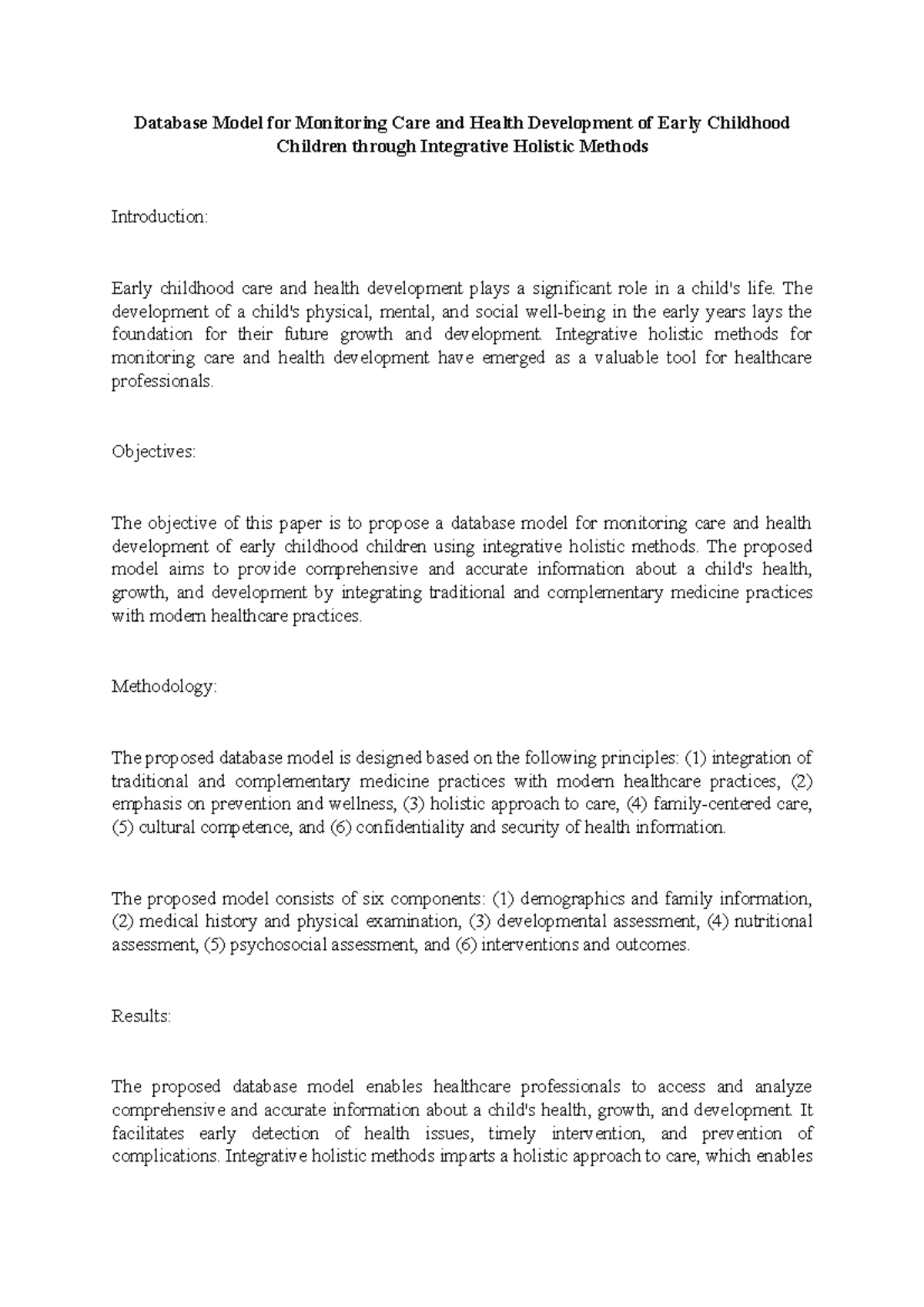 Database Model for Monitoring Care and Health Development of Early ...