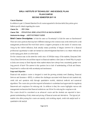 Fram handout - BIRLA INSTITUTE OF TECHNOLOGY AND SCIENCE, Pilani Pilani Campus AUGS/ AGSR ...