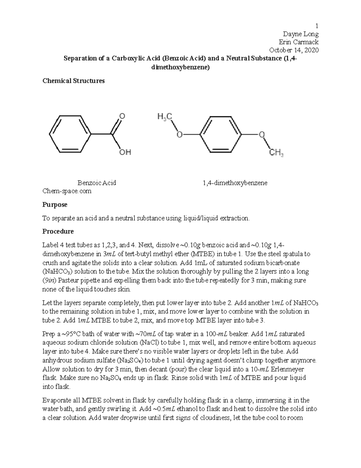 Extraction Lab - Lab Report - Dayne Long Erin Carmack October 14, 2020 ...