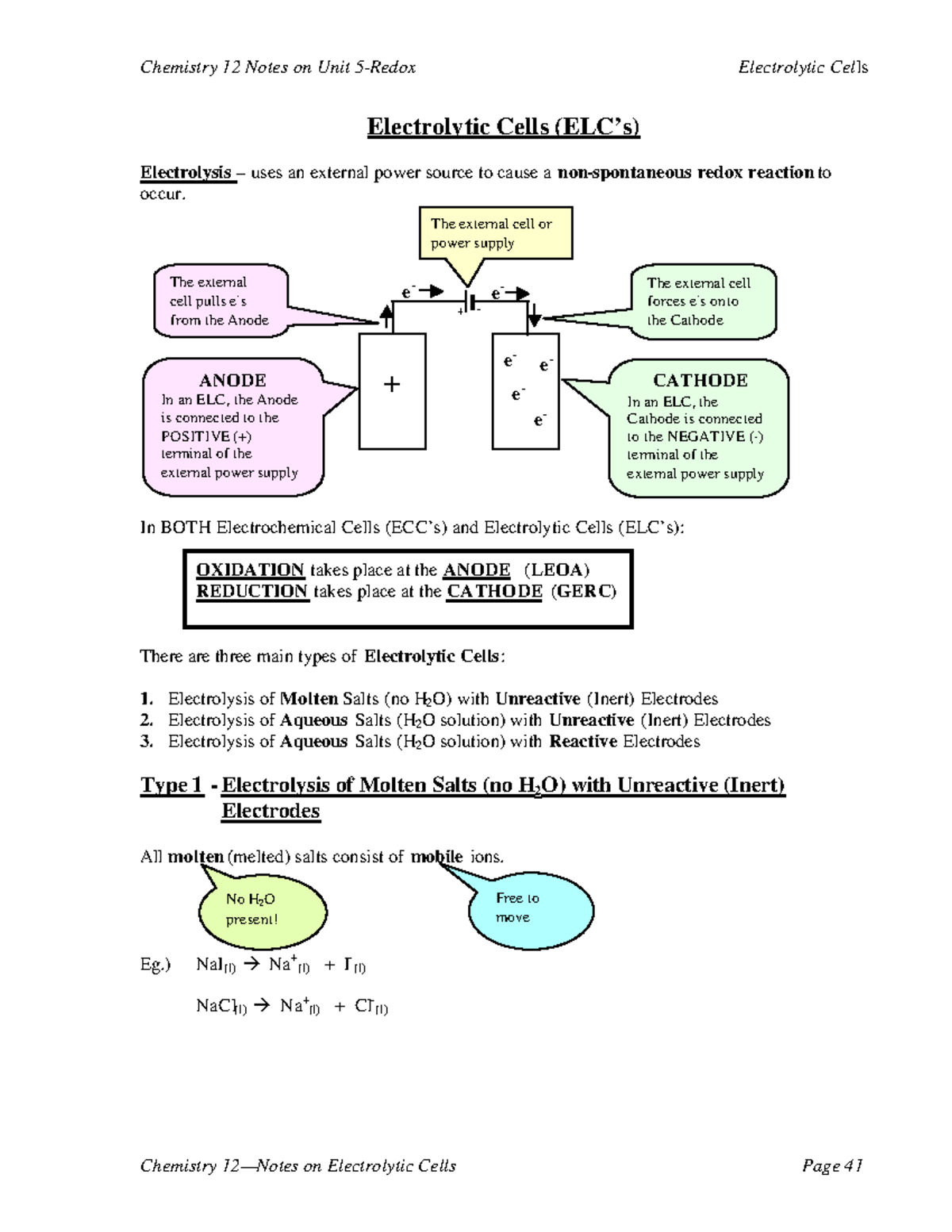 Mr. Colgur's BC Chem 12 Electrolytic Cells Notes - Electrolytic Cells ...